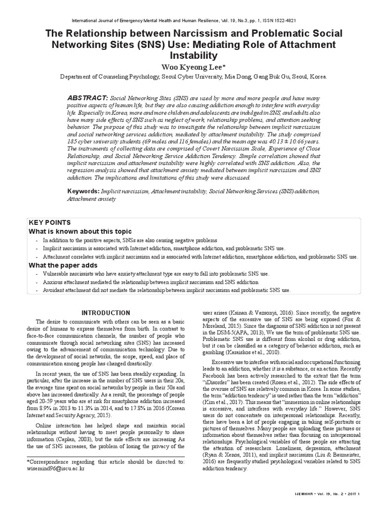 The Relationship Between Narcissism and Problematic Socialnetworking ...