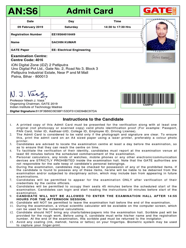 GATE 2019 Admit Card Instructions | PDF | Identity Document | Access ...