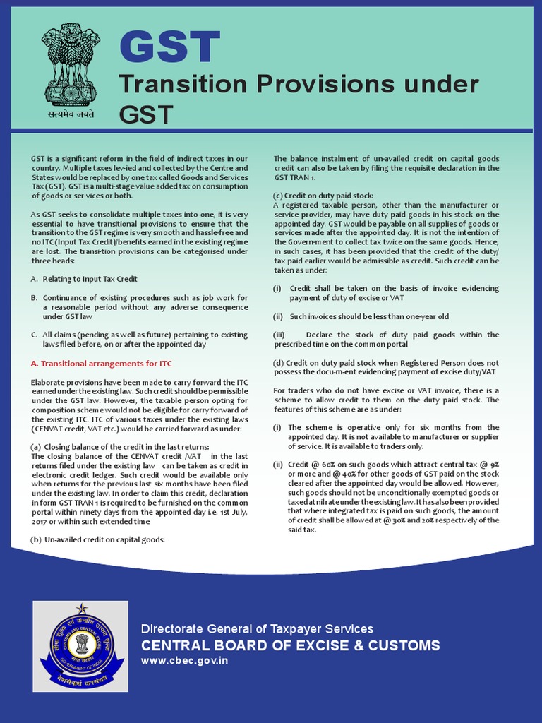 33-Transition Provision in GST | PDF | Value Added Tax | Invoice