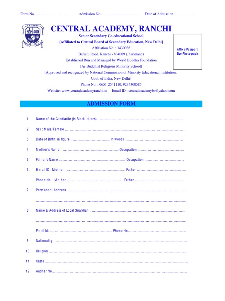 Central Academy, Ranchi: Admission Form | PDF | Learning