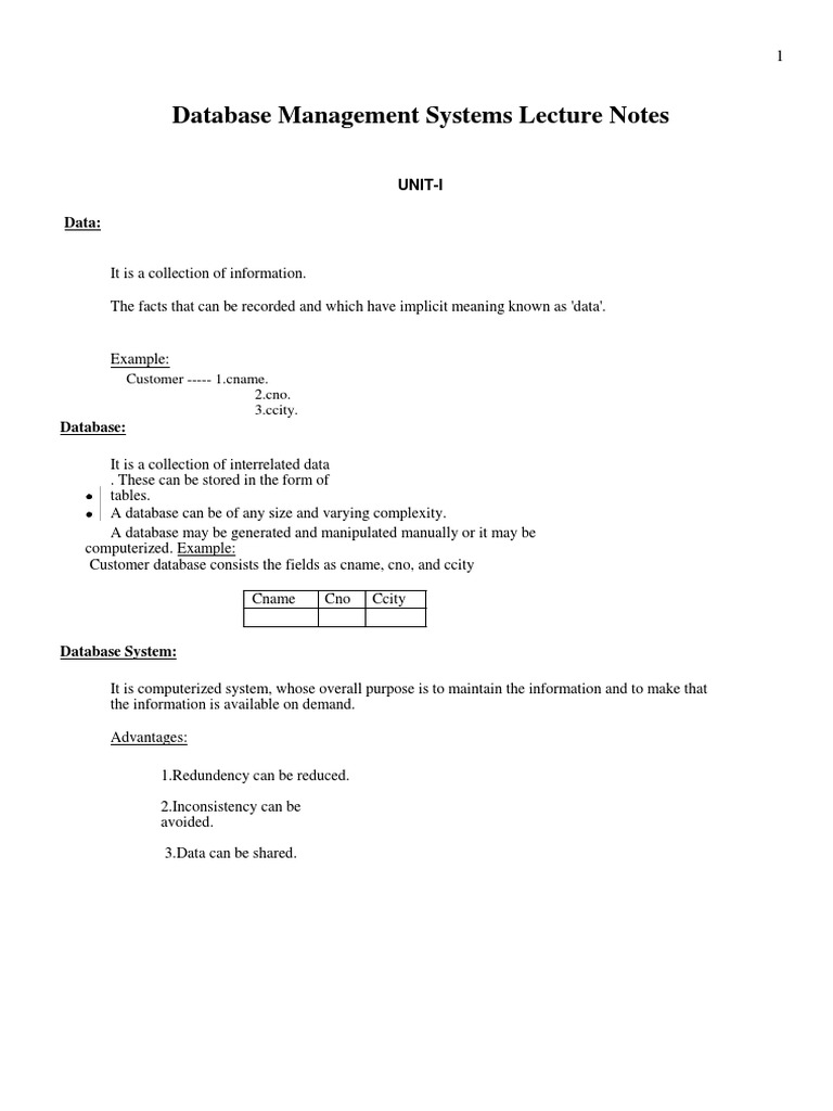 Database Management Systems Lecture Notes: Unit-I Data | PDF ...