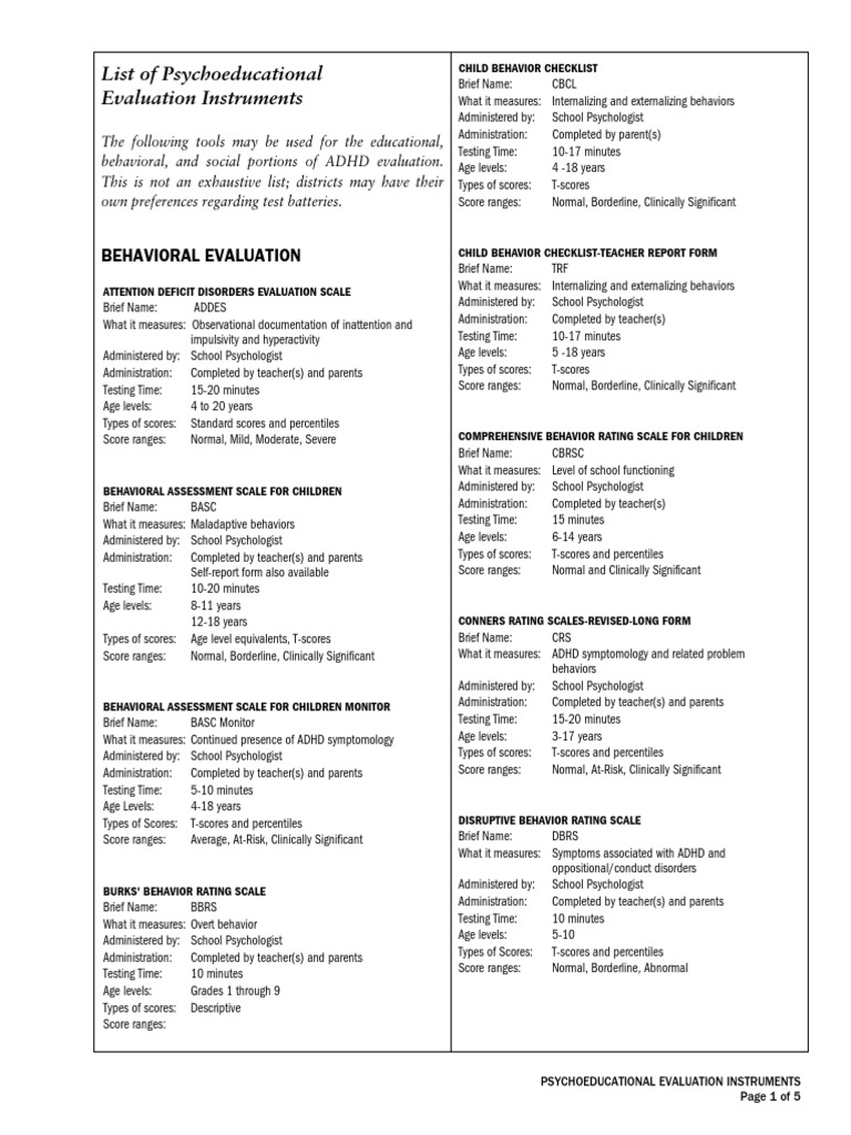 List of Psychoeducational Evaluation Instruments | PDF | School ...