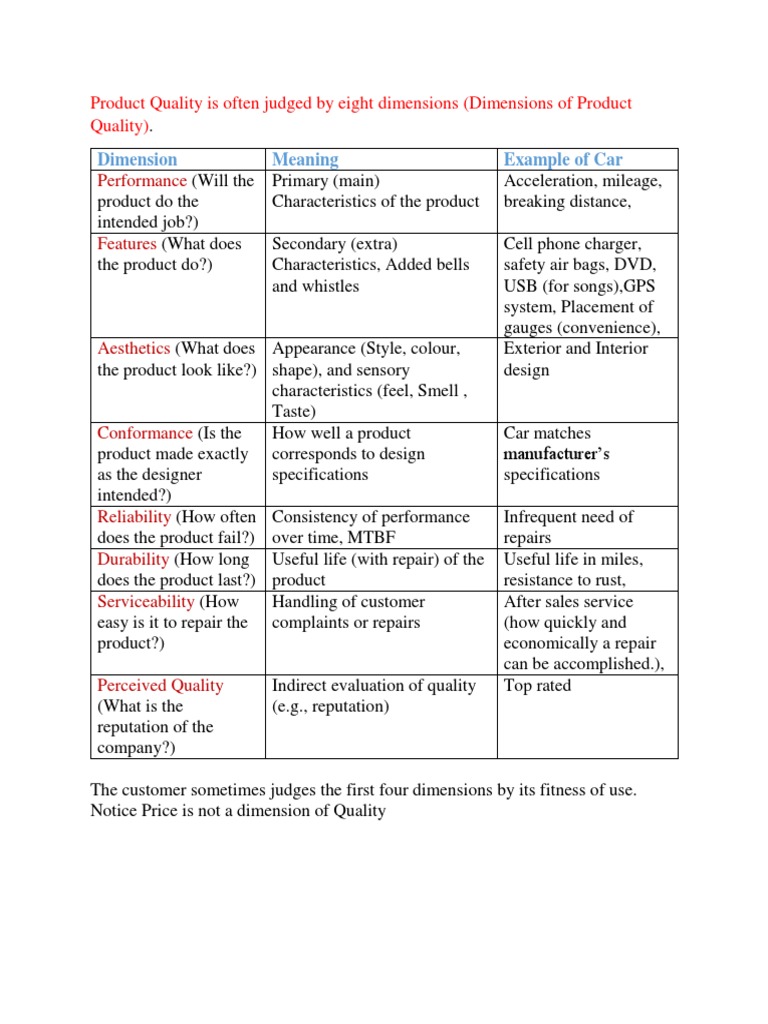 Dimension Meaning Example of Car: Performance | PDF | Reliability ...
