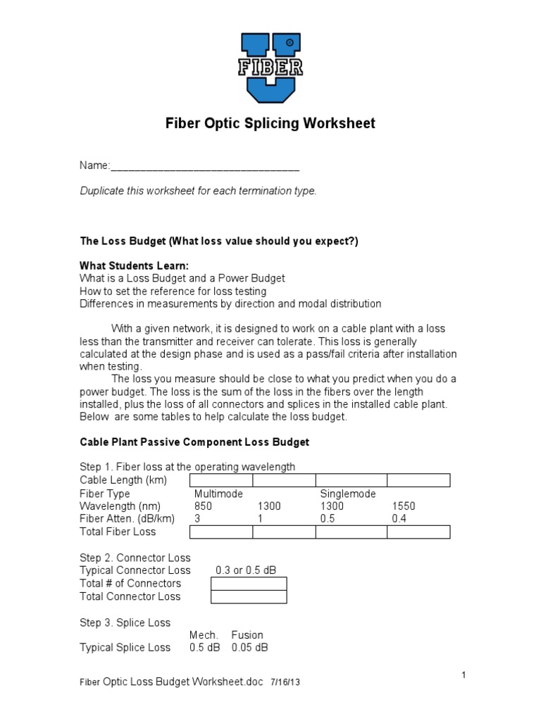 Fiber Optic Loss Budget Worksheet | PDF | Optical Fiber | Decibel