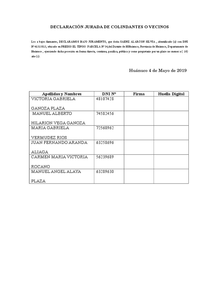 Declaracion Jurada de Colindantes o Vecinos | PDF Declaracion Jurada de Colindantes o Vecinos | PDF