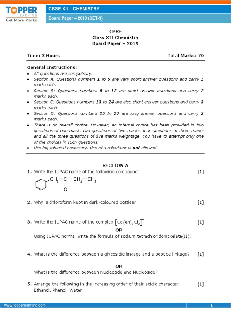 CBSE Class 12 Chemistry Previous Year Question Paper 2019 Set-3 ...