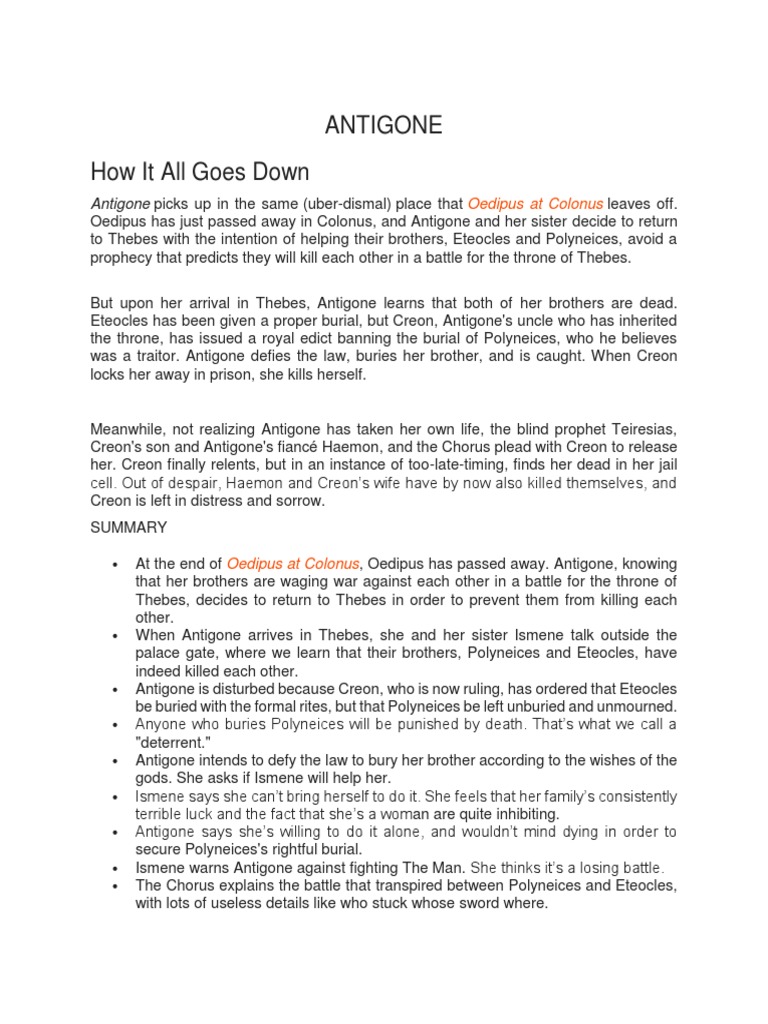 Antigone Summary | PDF | Oedipus | Theban Mythology