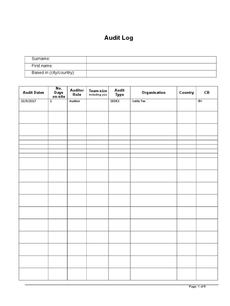 Audit Log for SEDEX Audit 2017 | PDF