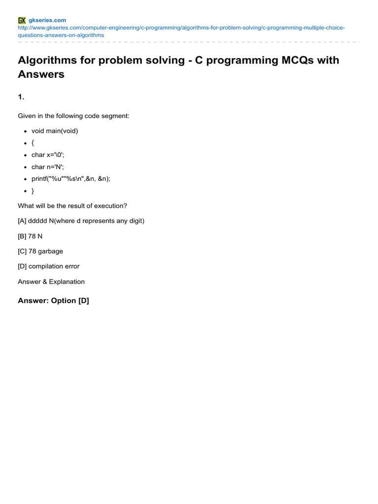 Algorithms For Problem Solving C Programming Mcqs With Answers Pdf 6575