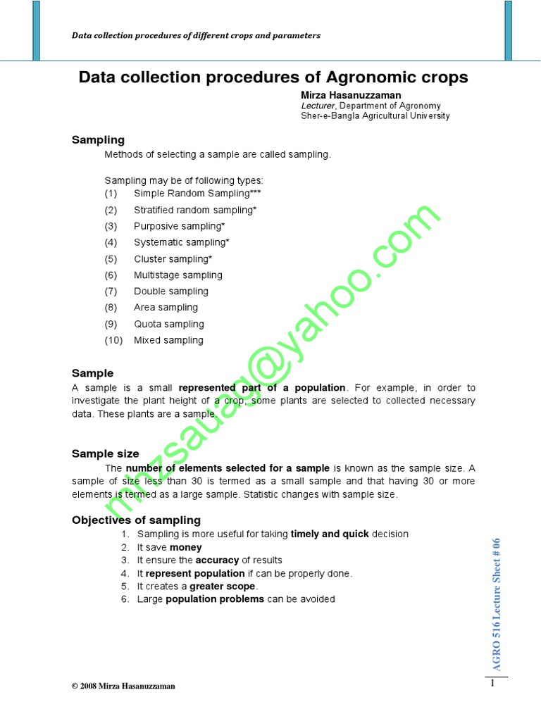 Data Collection Procedures of Agronomic Crops: Sampling | PDF ...