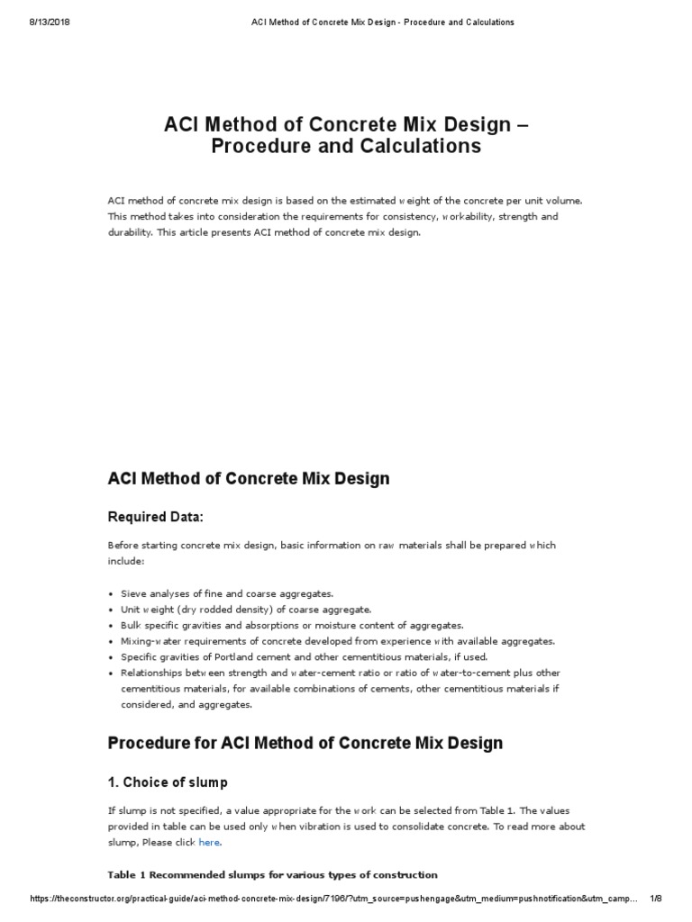 ACI Method of Concrete Mix Design - Procedure and Calculations | PDF ...