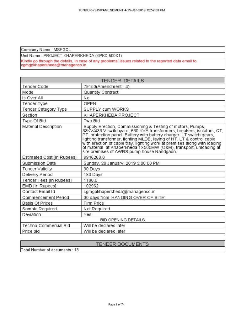 Tender Details: Company Name: MSPGCL Unit Name: Project Khaperkheda ...