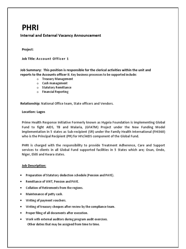 PHRI Internal & External Job Vacancy Announcement (Account Officer 1) | PDF