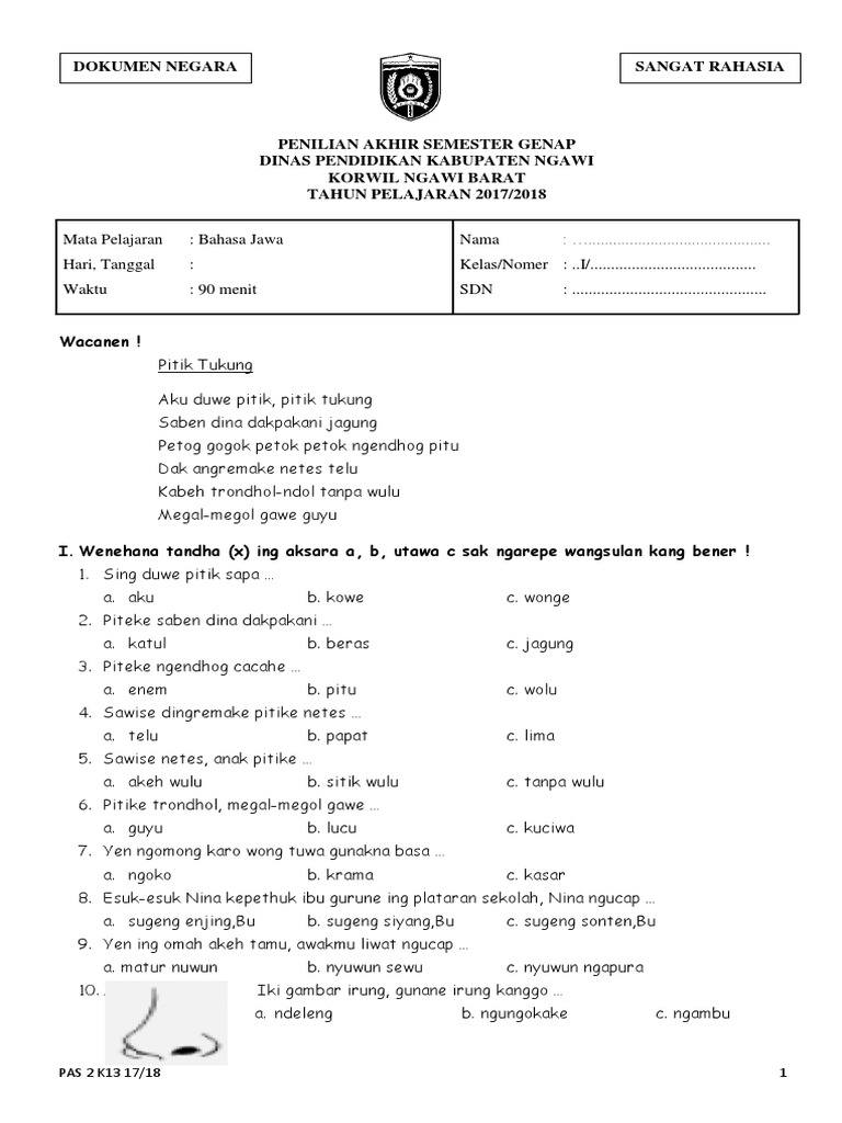 Soal PAS K13 Bhs Jawa Kls 1 | PDF