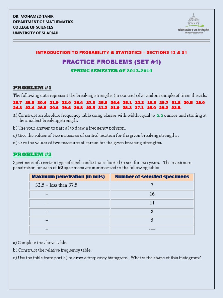 Practice Problems (Set #1) : Problem #1 | PDF | Histogram | Statistics