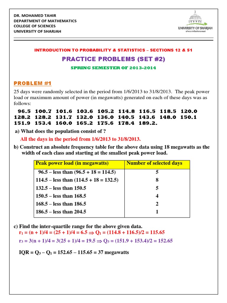Practice Problems (Set #2) : Problem #1 | PDF | Median | Descriptive Statistics