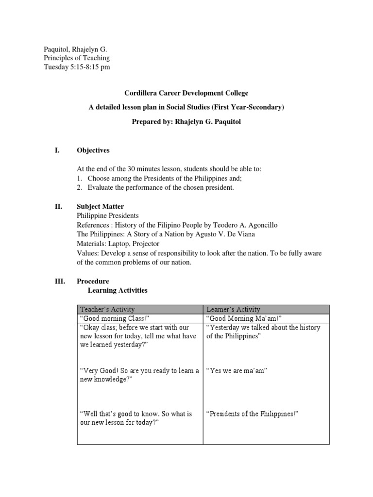 Sample Lesson Plan | PDF | President Of The Philippines | World Politics