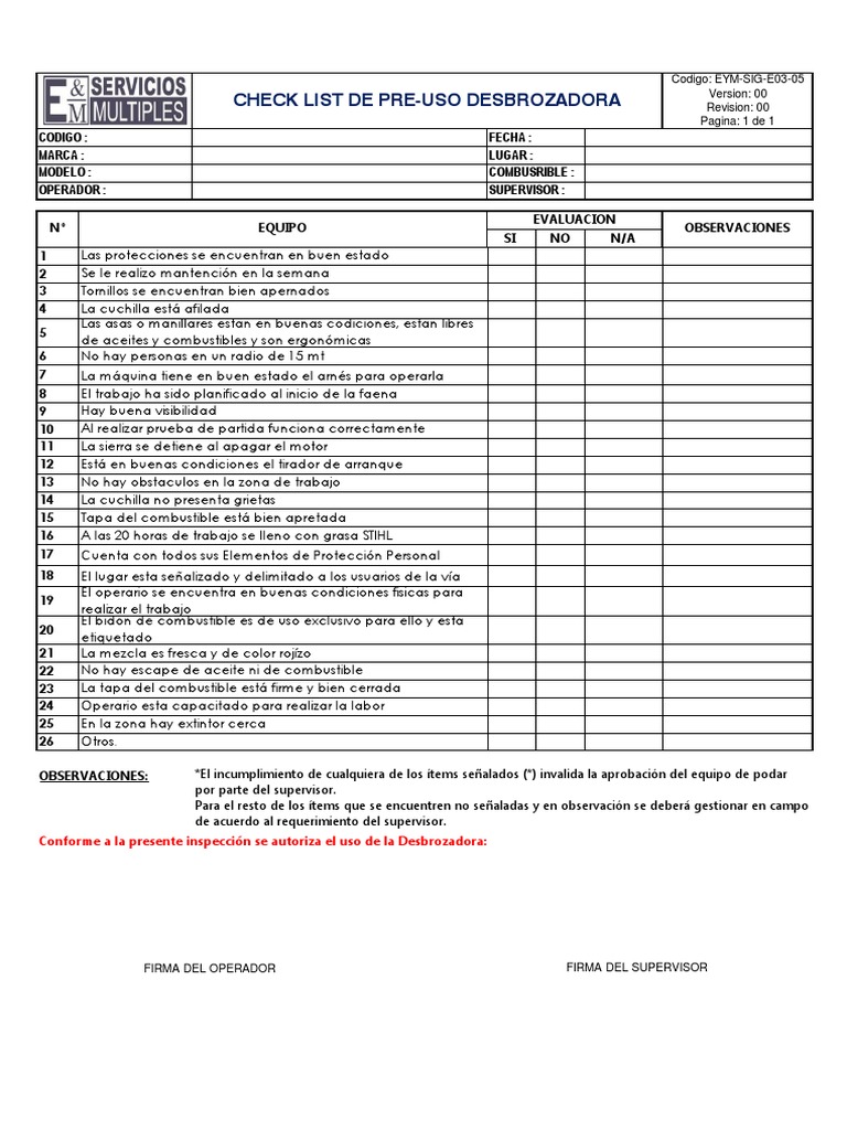 Check-List-Desbrozadora y Lustradora EYM OK | PDF | Naturaleza