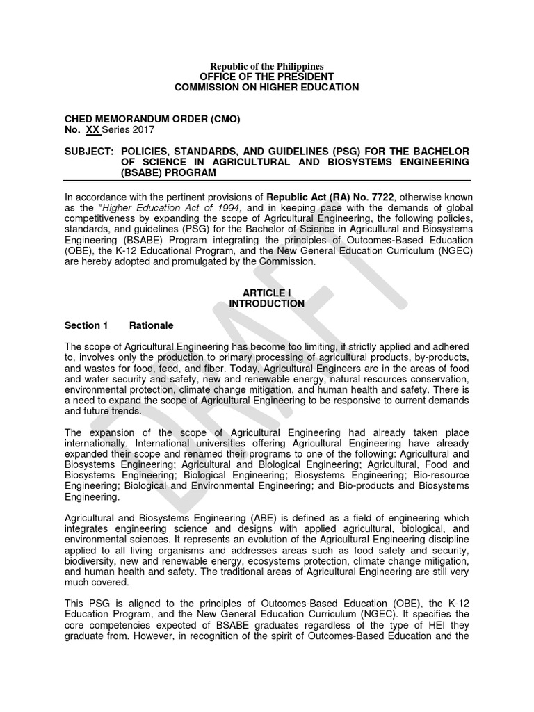 Draft PSG For The Bachelor of Science in Agricultural and Biosystems Engineering BSABE PDF | PDF ...