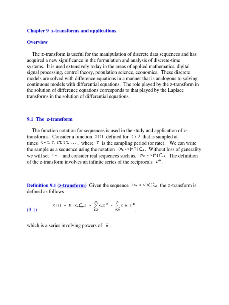 Chapter 9 Z-Transforms and Applications | PDF