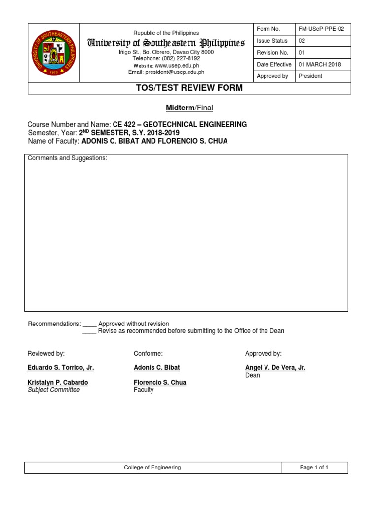 University of Southeastern Philippines: Tos/Test Review Form | PDF