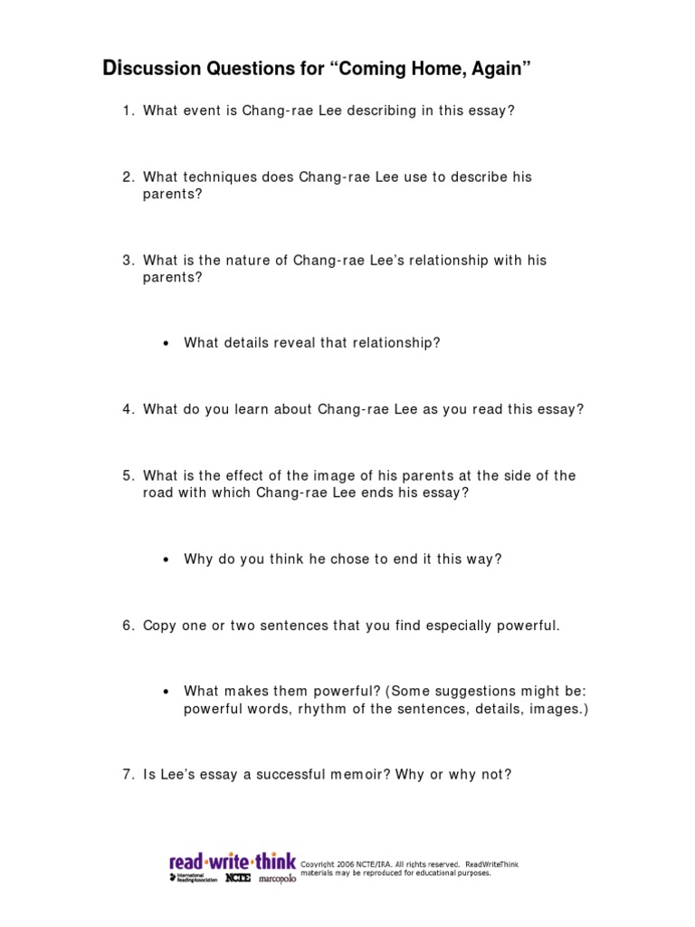 Scussion Questions For "Coming Home, Again" | PDF