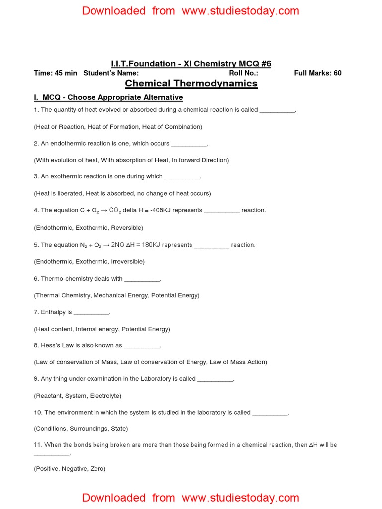 CBSE Class 11 Chemistry MCQs - Chemical Thermodynamics | PDF | Enthalpy ... CBSE Class 11 Chemistry MCQs - Chemical Thermodynamics | PDF | Enthalpy ...