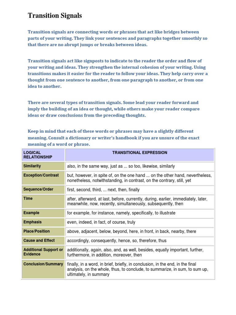 Transition Signals: Logical Relationship Transitional Expression | PDF ...