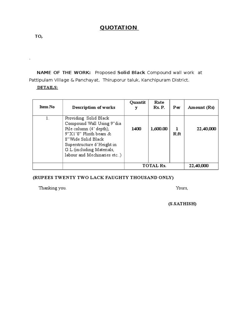 PAT COMPOUND WORK QUOTATION SATHISH - Doc 1 | PDF | Nature