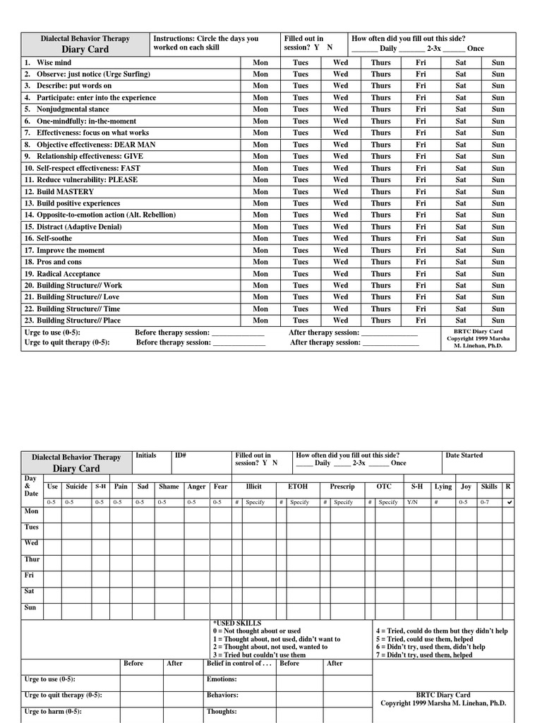 Diary Card Sample - Marsha Linehan | PDF | Applied Psychology | Mental ...