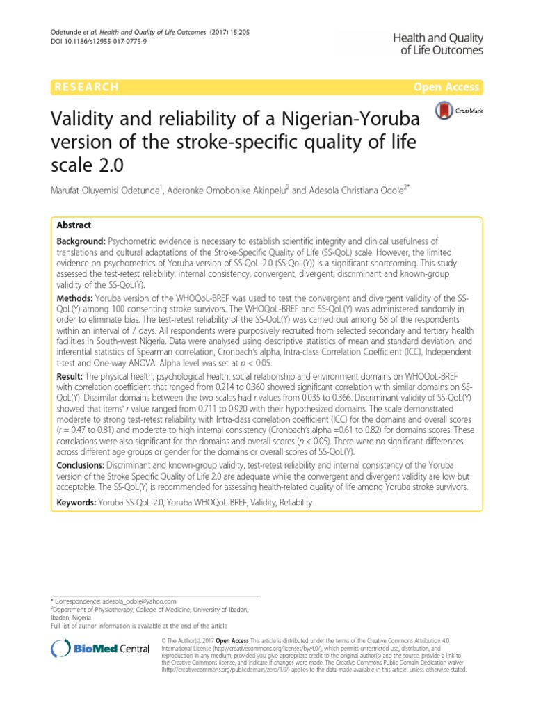 Validity and Reliability of A Nigerian-Yoruba Version of The Stroke-Specific Quality of Life ...