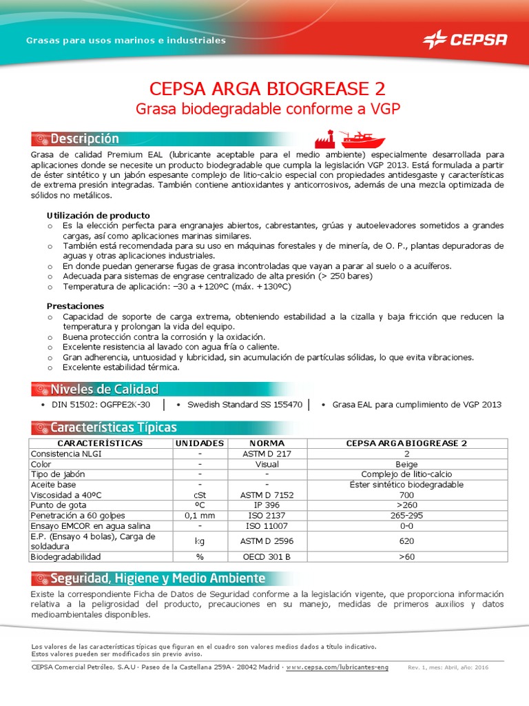 Cepsa Arga Biogrease 2 | PDF | Lubricante | Química