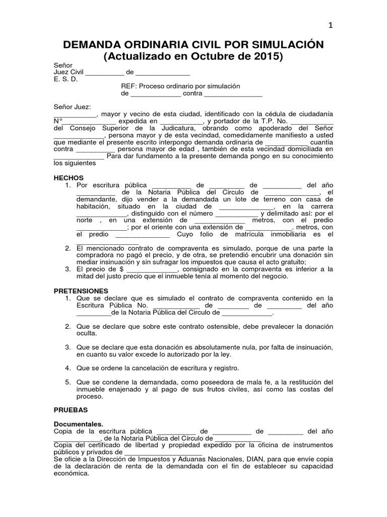 Demanda Ordinaria Civil Por Simulación | PDF | Demanda judicial | Gobierno