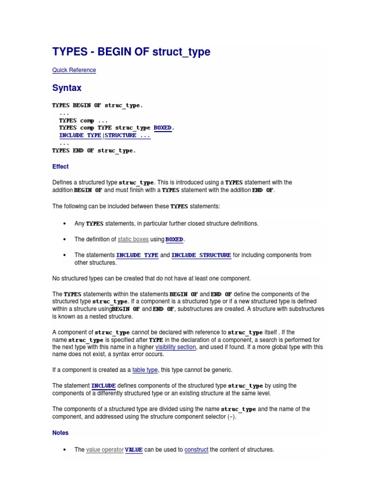TYPES - BEGIN OF Struct - Type: Syntax | PDF | Computer Programming | Software Engineering