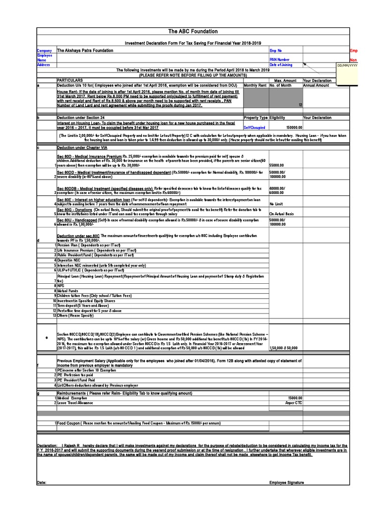 The ABC Foundation: Investment Declaration Form For Tax Saving For ...