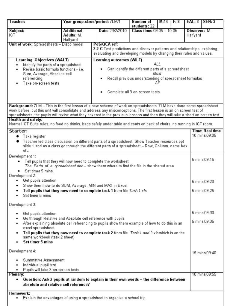 Example Lesson Plan | Spreadsheet | Microsoft Excel