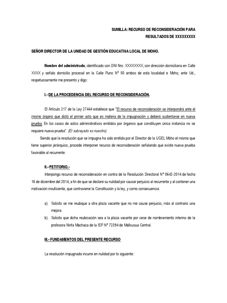Modelo Recurso de Reconsideración | PDF | Regulación | Información del gobierno