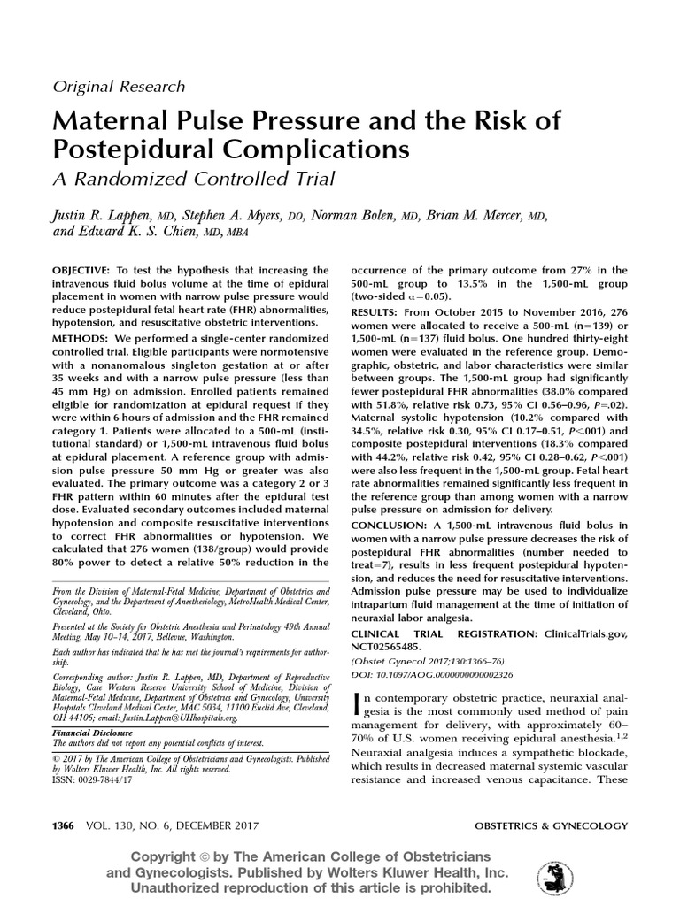 Maternal Pulse Pressure and The Risk of Postepidural Complications ...