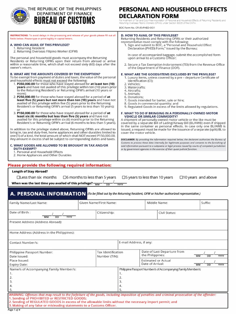01 BOC (Personal and Household Effects Declaration Form) | PDF