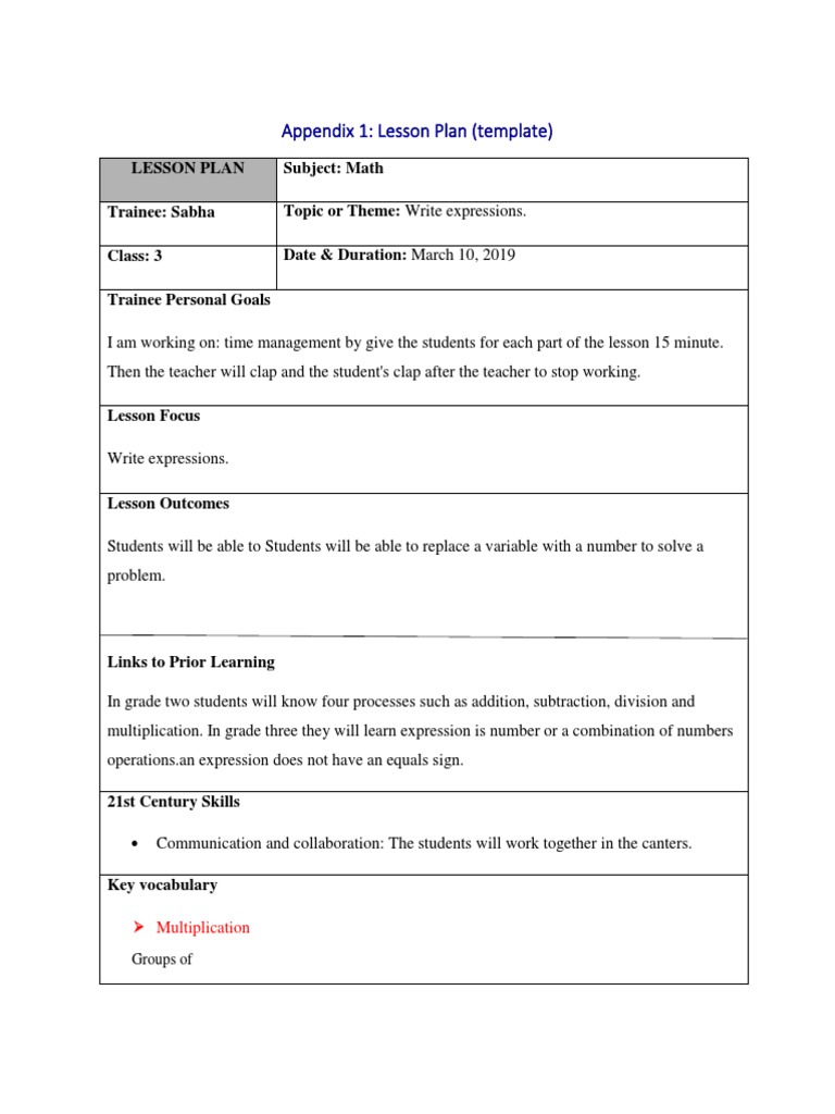 New Lesson Plan Write Expressions - March 10, 2019 | PDF | Lesson Plan ...