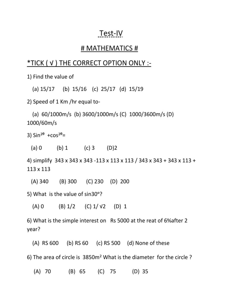 # Mathematics # Tick ( ) The Correct Option Only:-: Test-IV | PDF