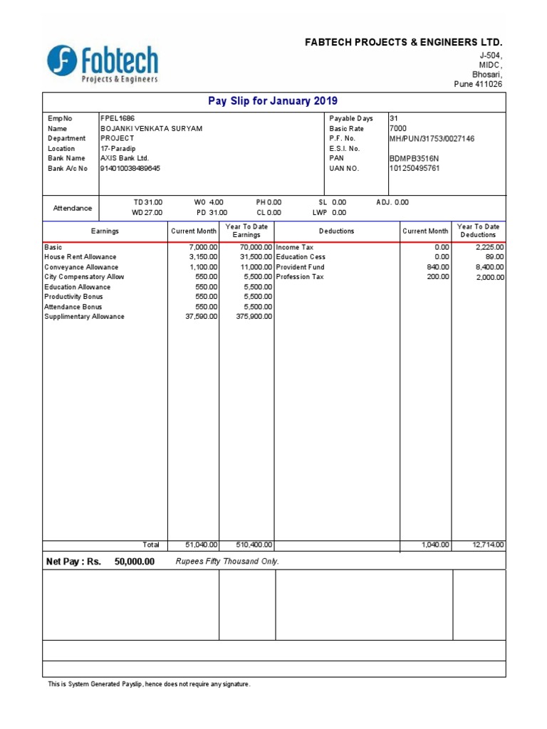 FABTECH PROJECTS & ENGINEERS LTD. January 2019 Pay Slip | PDF ...