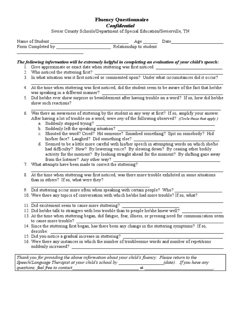 Fluency Questionnaire | PDF | Stuttering | Psychology