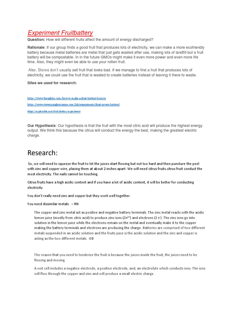 Citrus Fruit Battery Experiment Results | PDF | Lemon | Materials