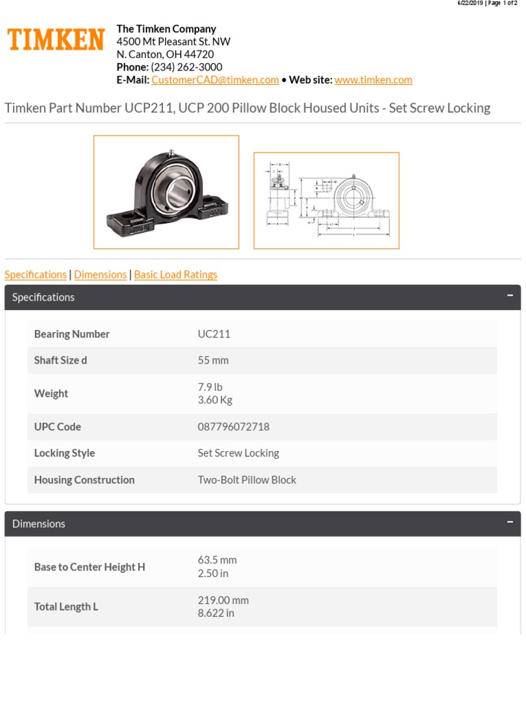 Timken Part Number UCP211, UCP 200 Pillow Block Housed Units - Set ...