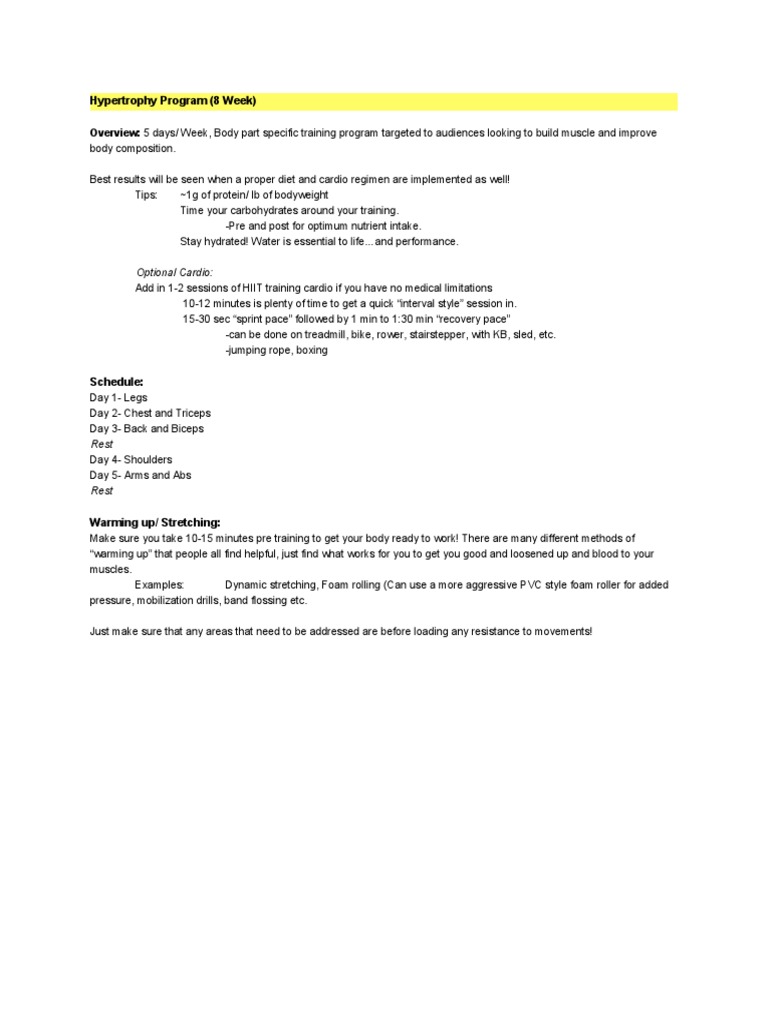 Hypertrophy Program 8 Week | Download Free PDF | Physical Exercise ...