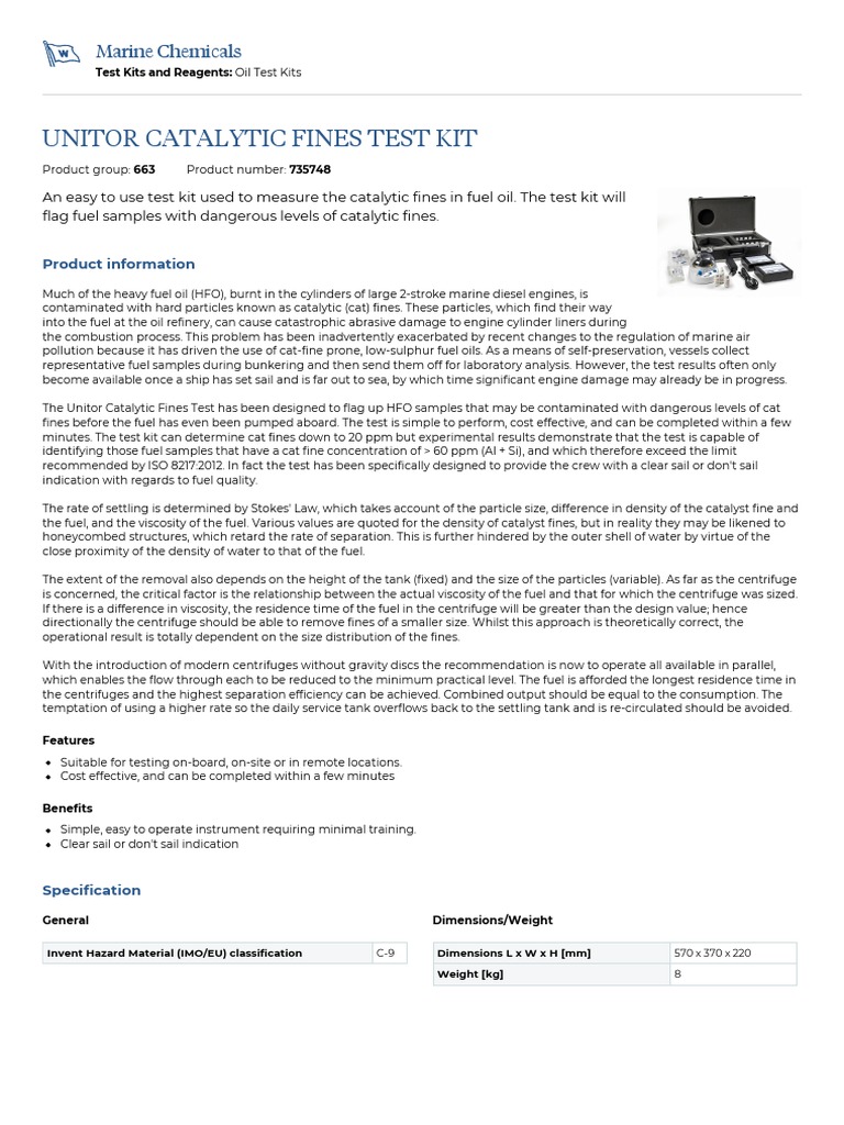 Unitor Catalytic Fines Test Kit | PDF | Fuel Oil | Centrifuge
