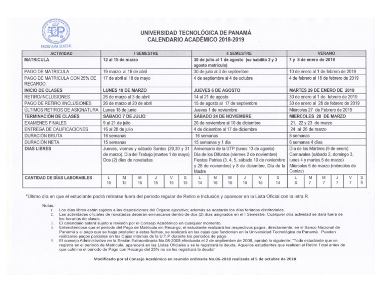Utp Calendario Academico 2018 2019 PDF | PDF
