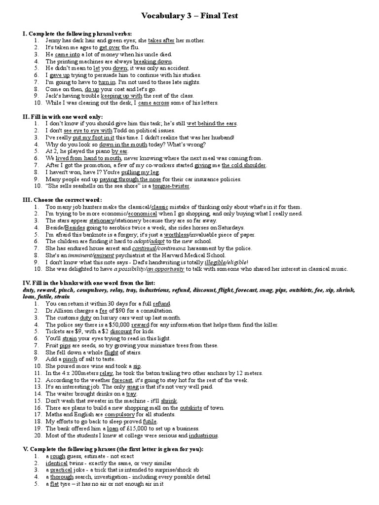 Vocabulary 3 - Final Test: I. Complete The Following Phrasal Verbs ...