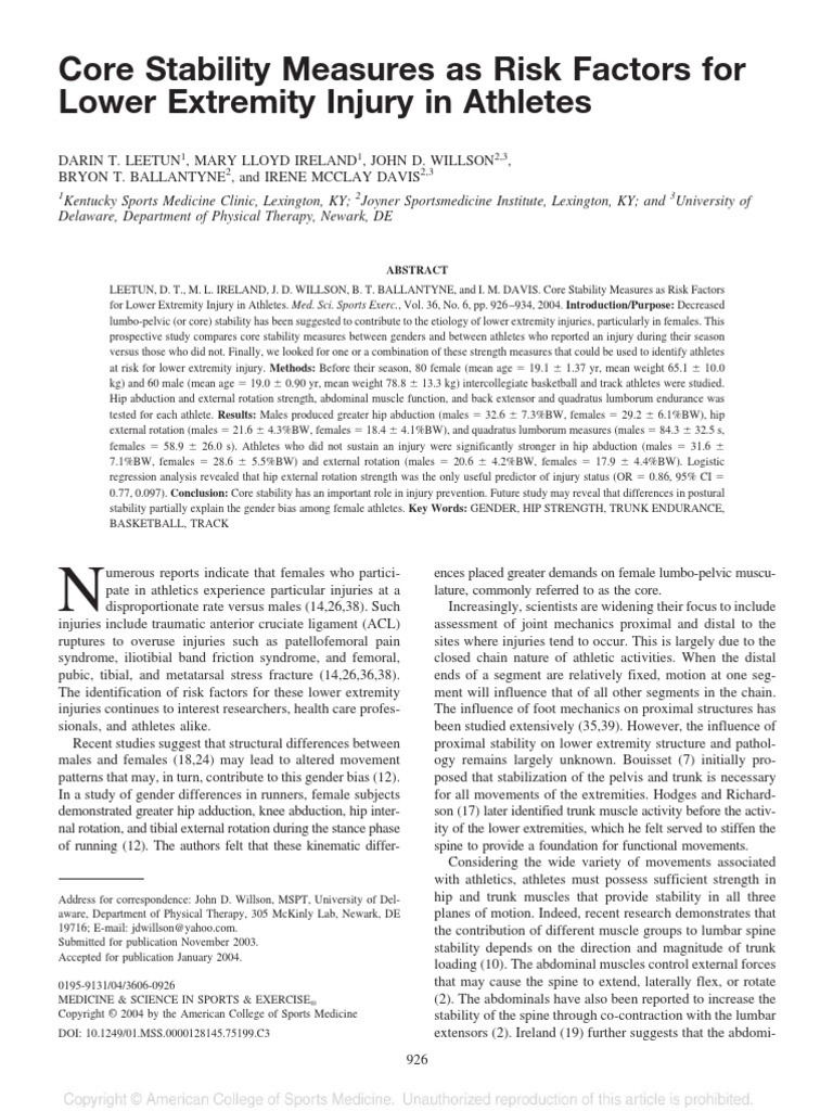 2004 ACSM Core Stability Measures As Risk Factors For Lower Extremity ...